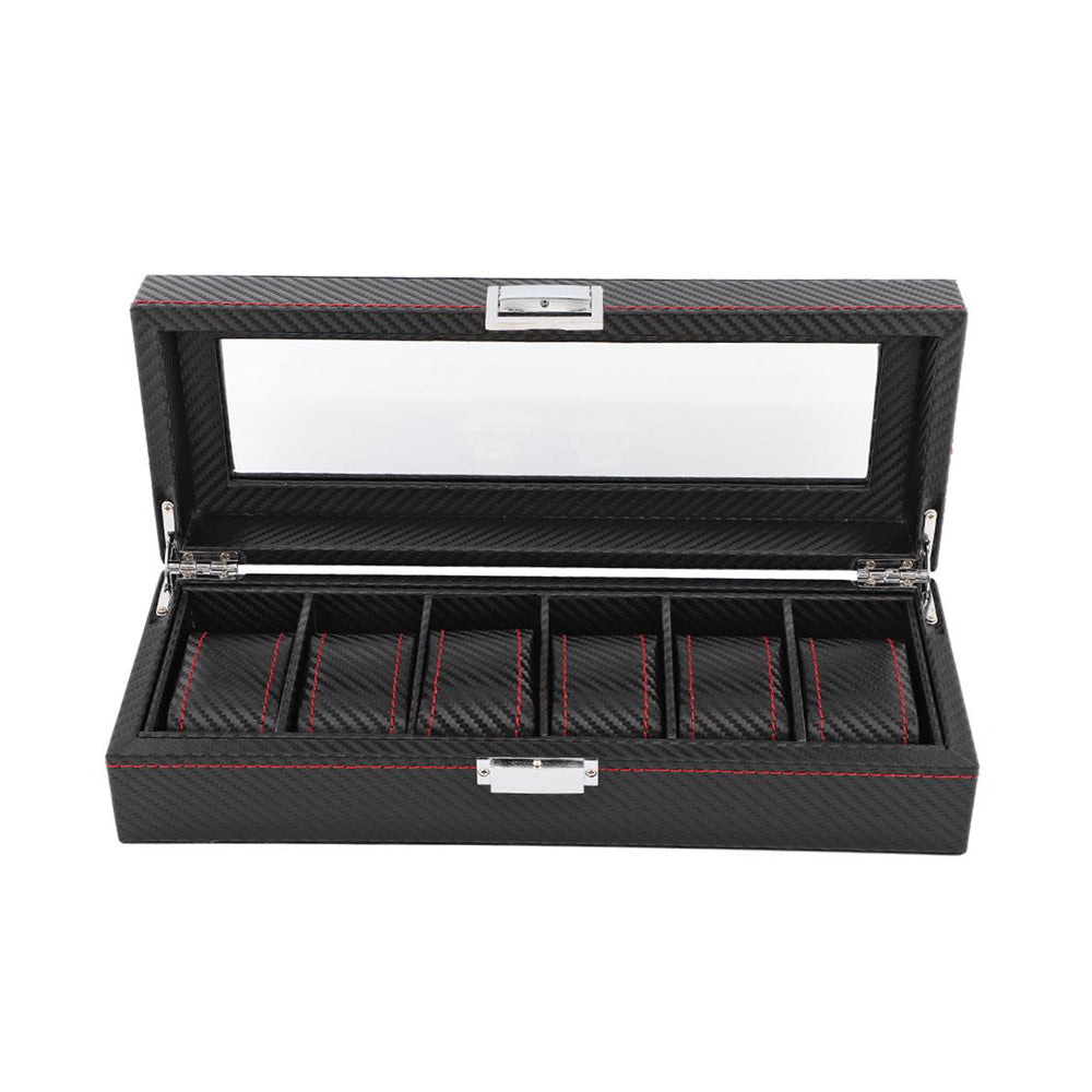 6 Slots Watch Storage Box Display Carbon Fiber Red Stitches in Silver ...